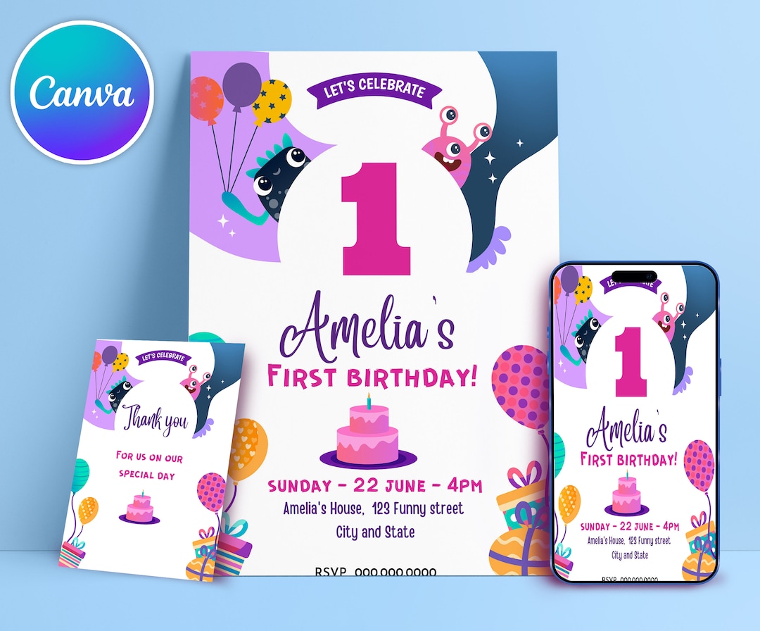 Editable Kids Birthday Invitation Canva Template Kids Party Invitation ...
