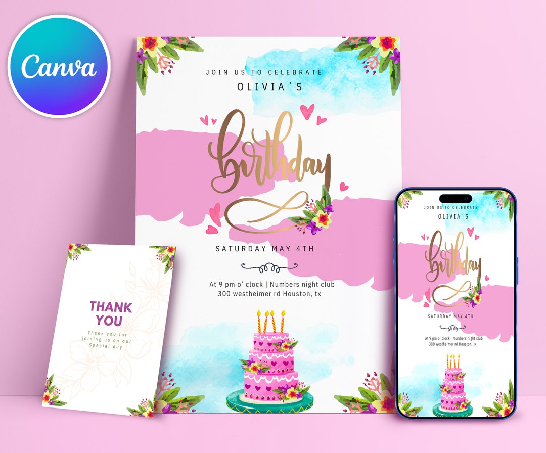 Editable Girl Birthday Invitation Canva Template Girl Party Invitation ...