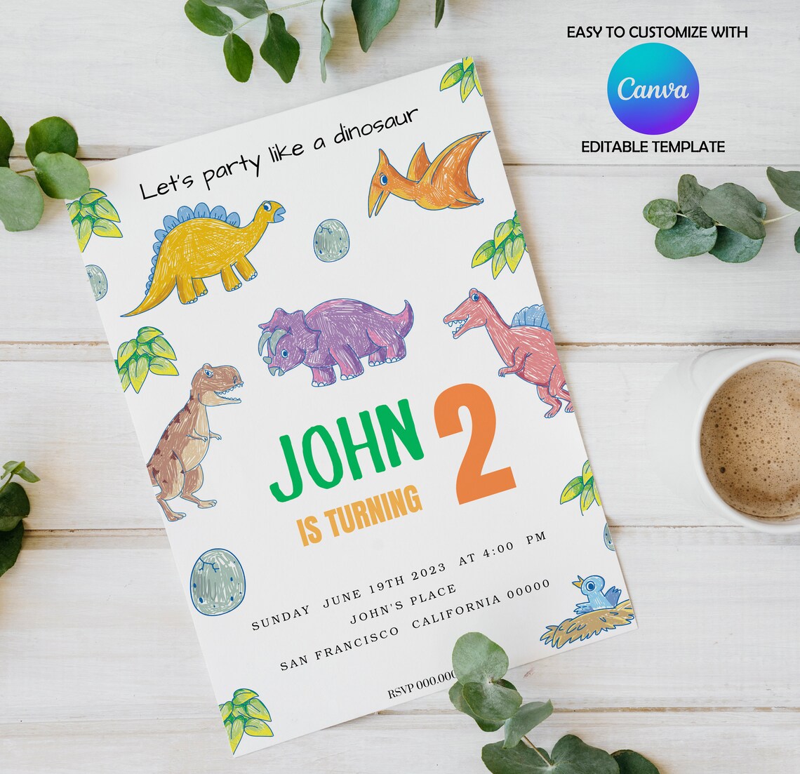 Dinosaur Birthday Party Canva Invitation Template, Dinosaur Birthday ...