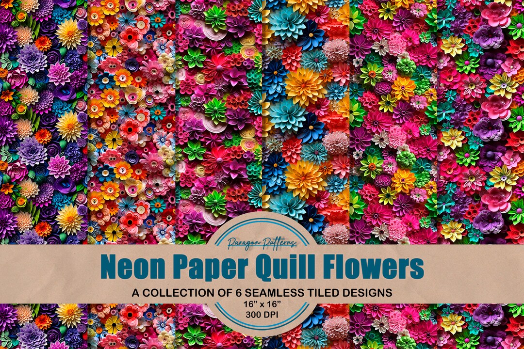 Neon Paper Quill Flowers Six Whimsical Seamless Repeatable Patterns ...