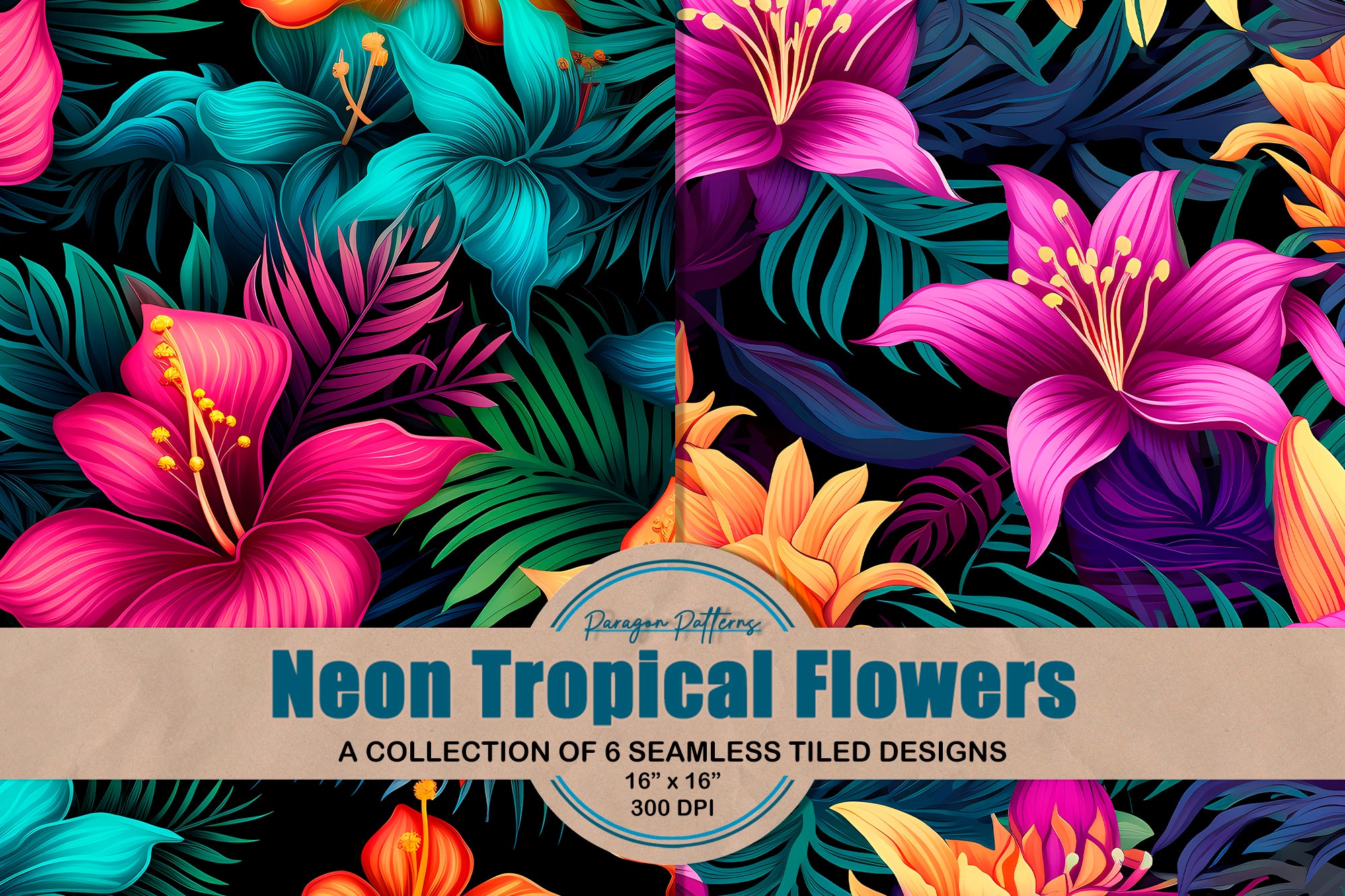 Neon Tropical Flowers Seamless Repeatable Patterns, Digital Paper ...