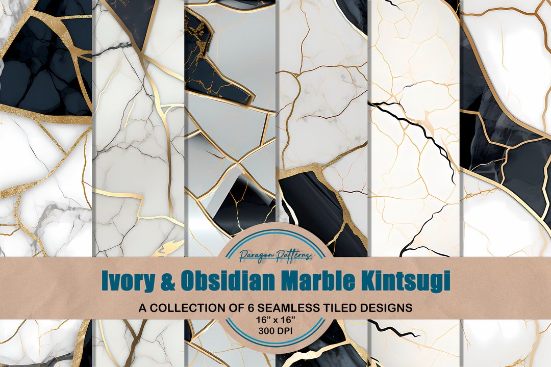 Ivory & Obsidian Marble Kintsugi Seamless Repeatable Patterns, Digital ...