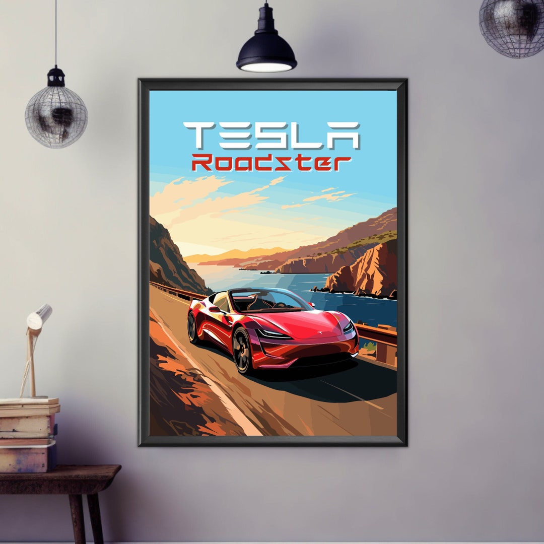 Tesla Roadster Poster, Tesla Roadster Print, 2010s Car, Electric ...