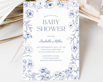 Dusty Blue Baby Shower Invite Elegant Chinoiserie Blue Floral Baby ...