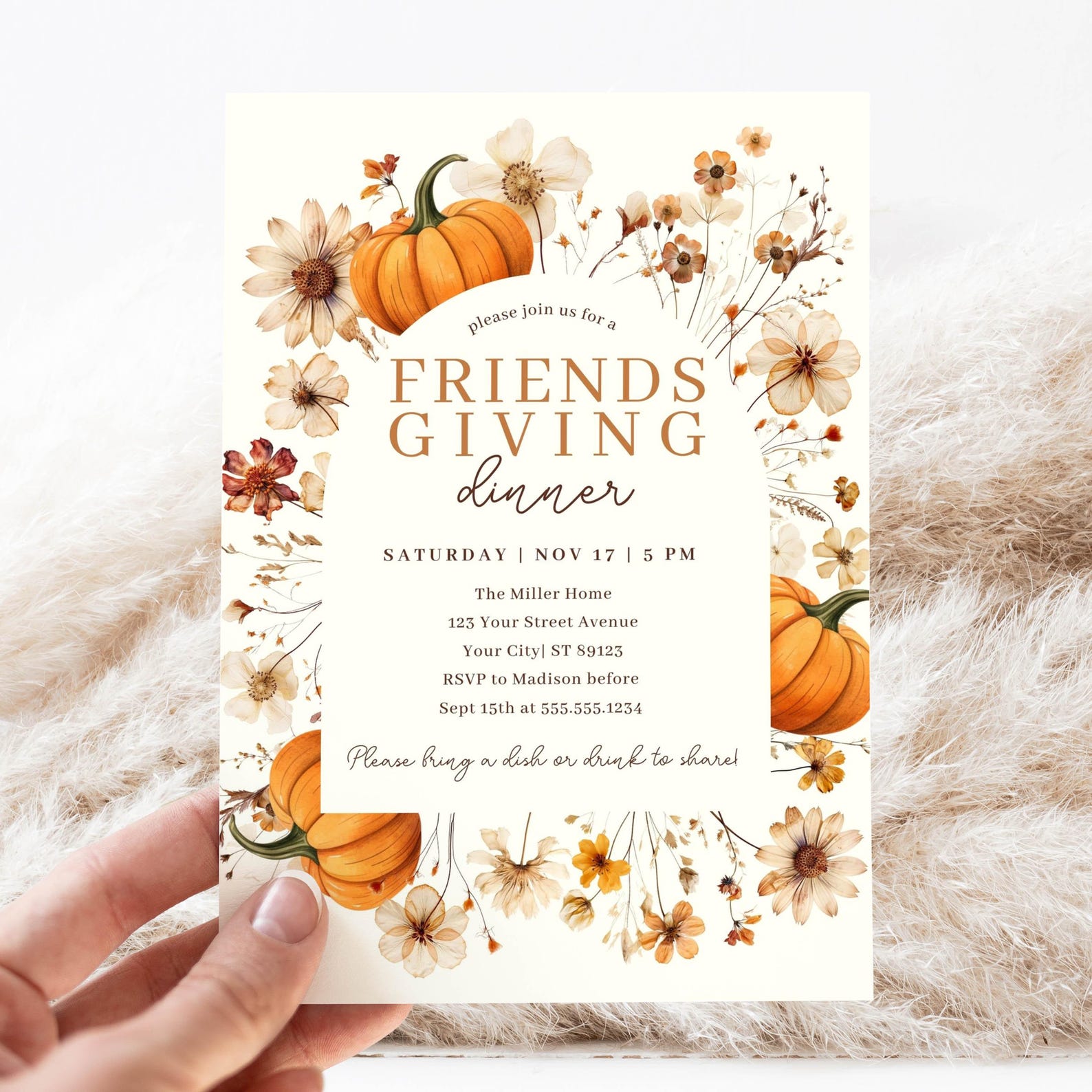 Editable Friendsgiving Invitation Template Canva, Boho Pumpkin ...