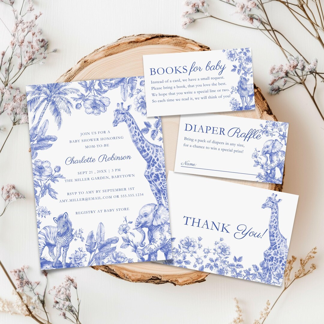 Blue Toile Safari Baby Shower Invitation Template Bundle, Editable ...