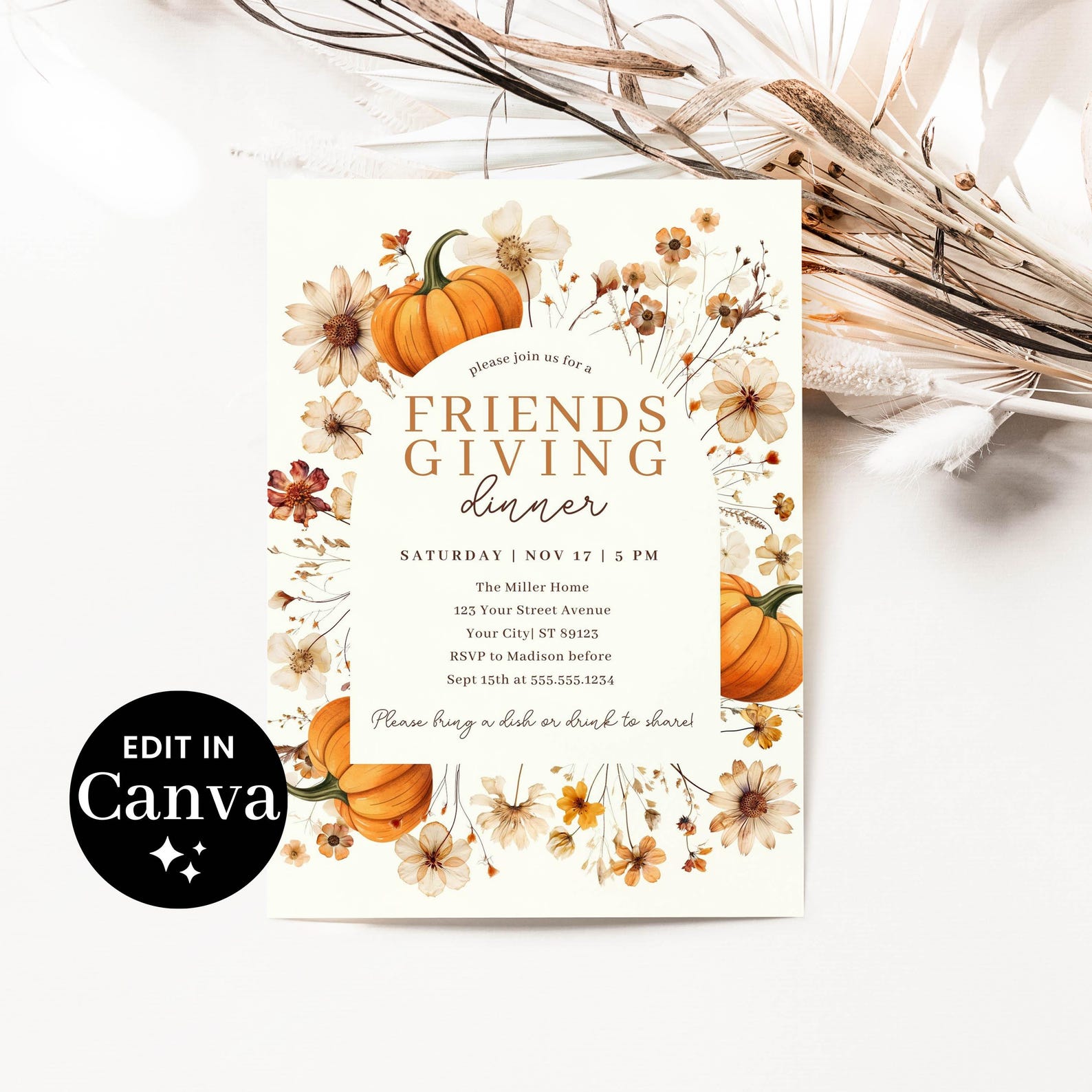 Editable Friendsgiving Invitation Template Canva, Boho Pumpkin ...