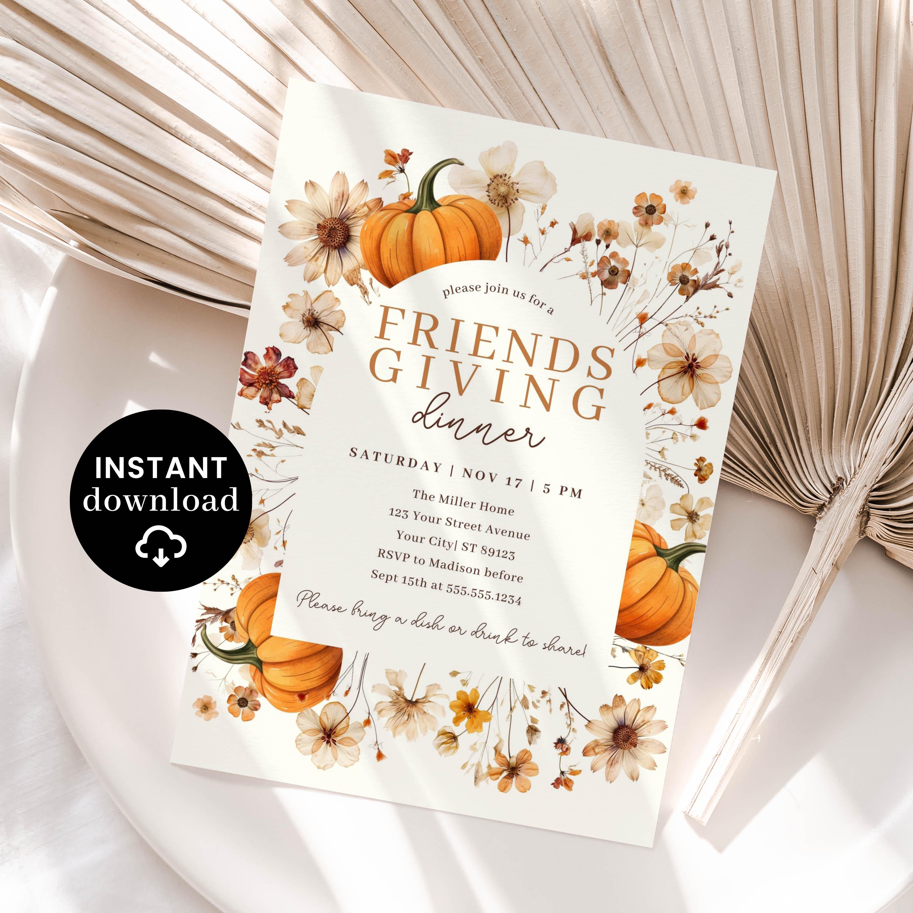 Editable Friendsgiving Invitation Template Canva, Boho Pumpkin ...