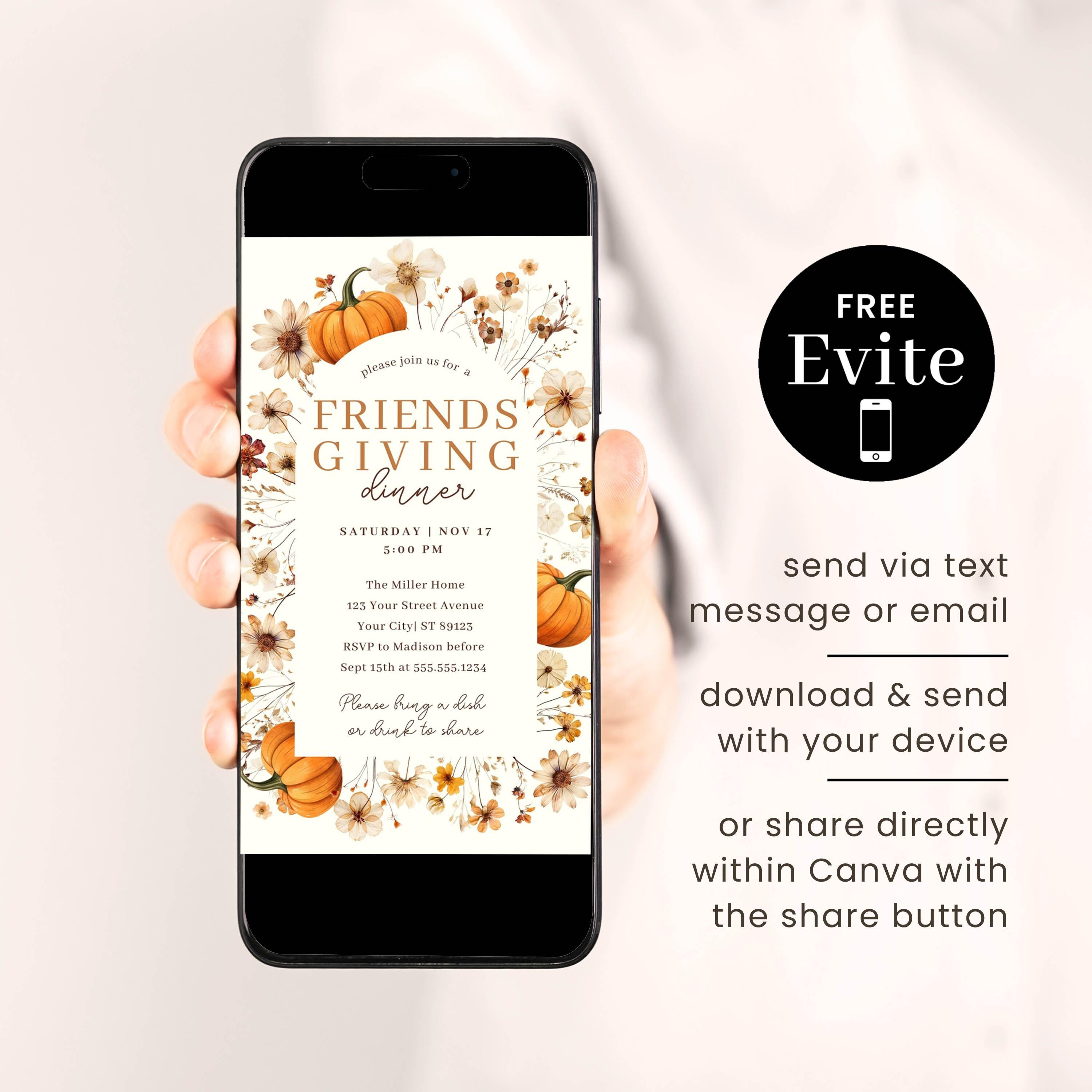 Editable Friendsgiving Invitation Template Canva, Boho Pumpkin ...