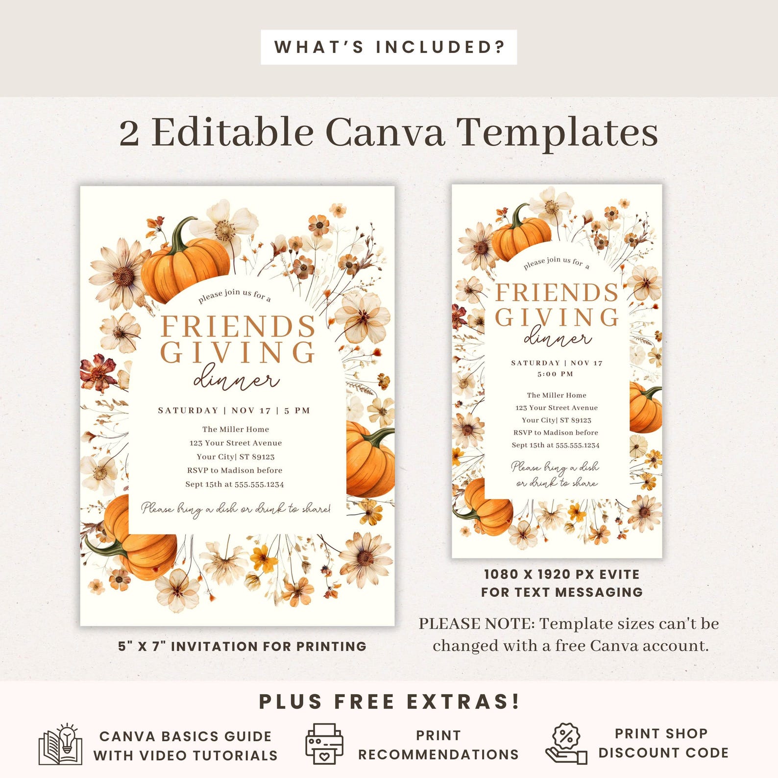 Editable Friendsgiving Invitation Template Canva, Boho Pumpkin ...