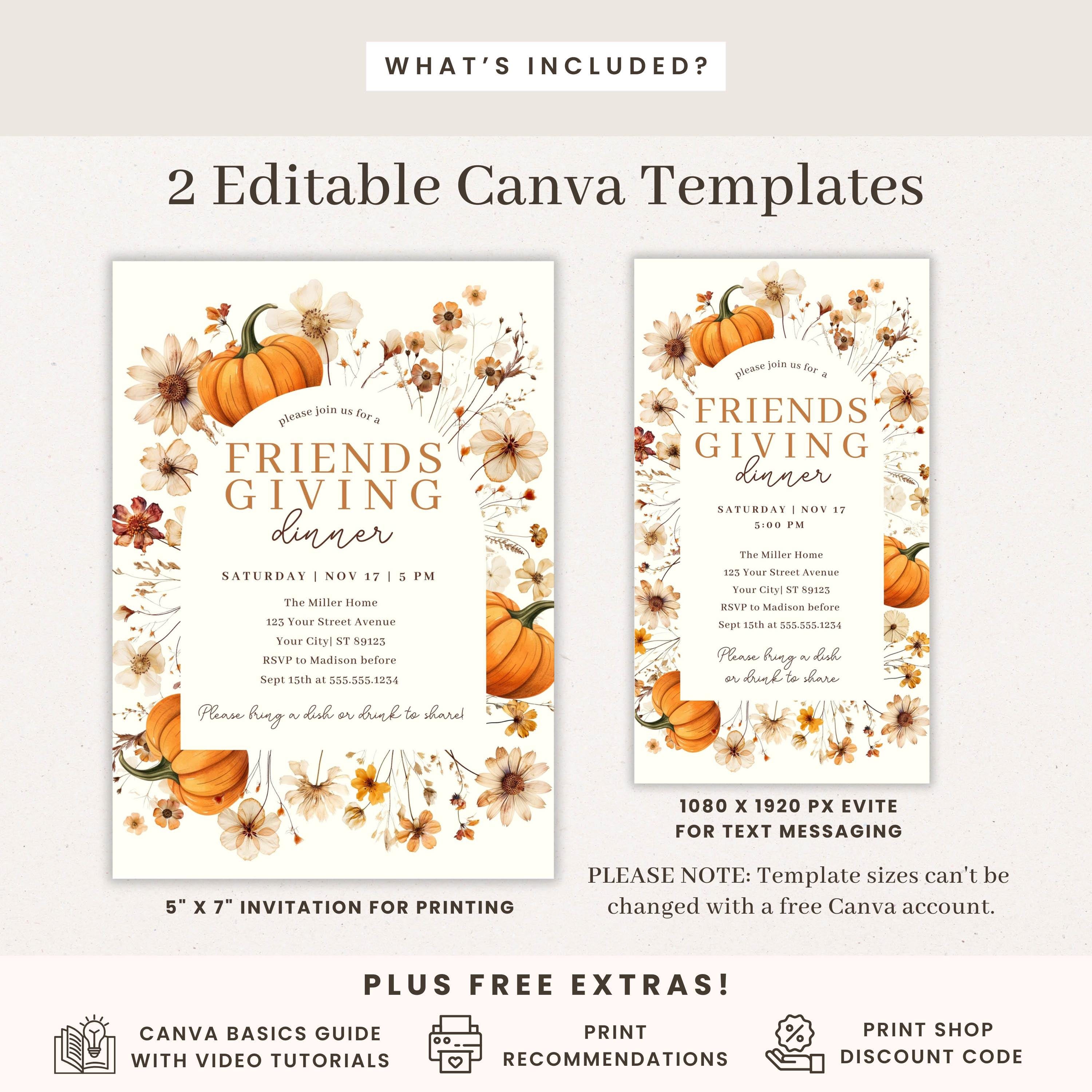 Editable Friendsgiving Invitation Template Canva, Boho Pumpkin ...