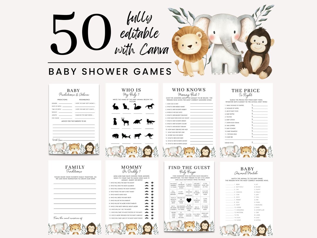 Safari Baby Shower Games: Jungle Animals, Editable in Canva (digital ...