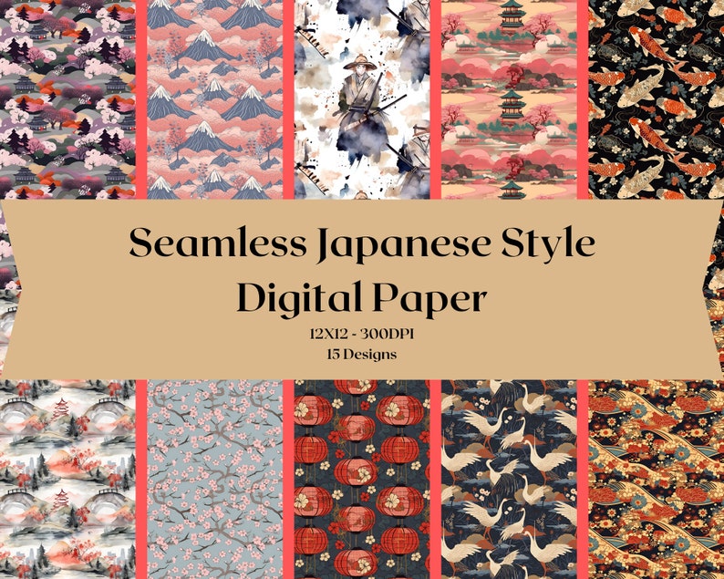 Japanese Style Digital Paper Patterns – Seamless Textures – 15 Designs ...