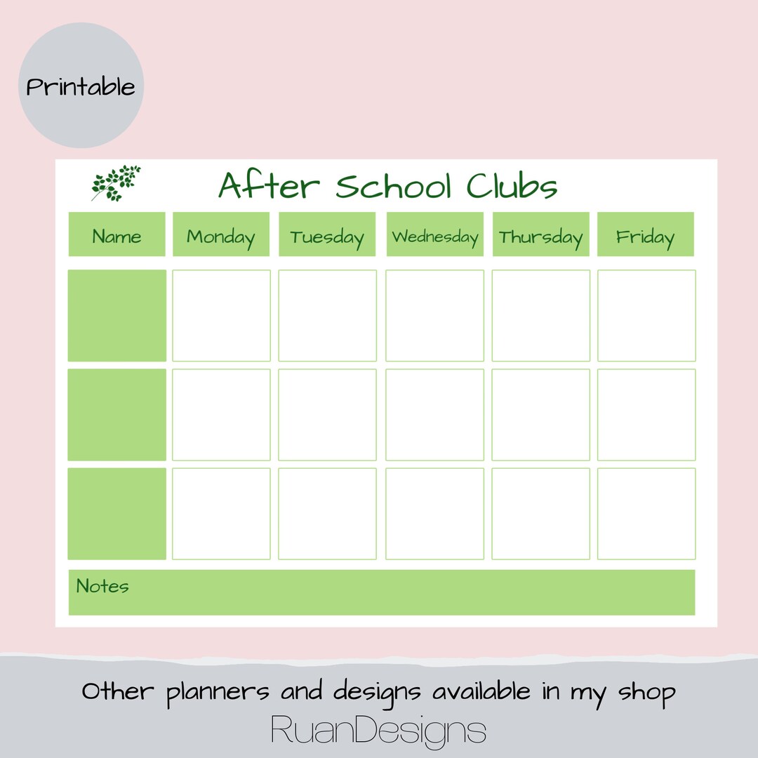 After School Clubs Calendar / Planner (printable) - Etsy