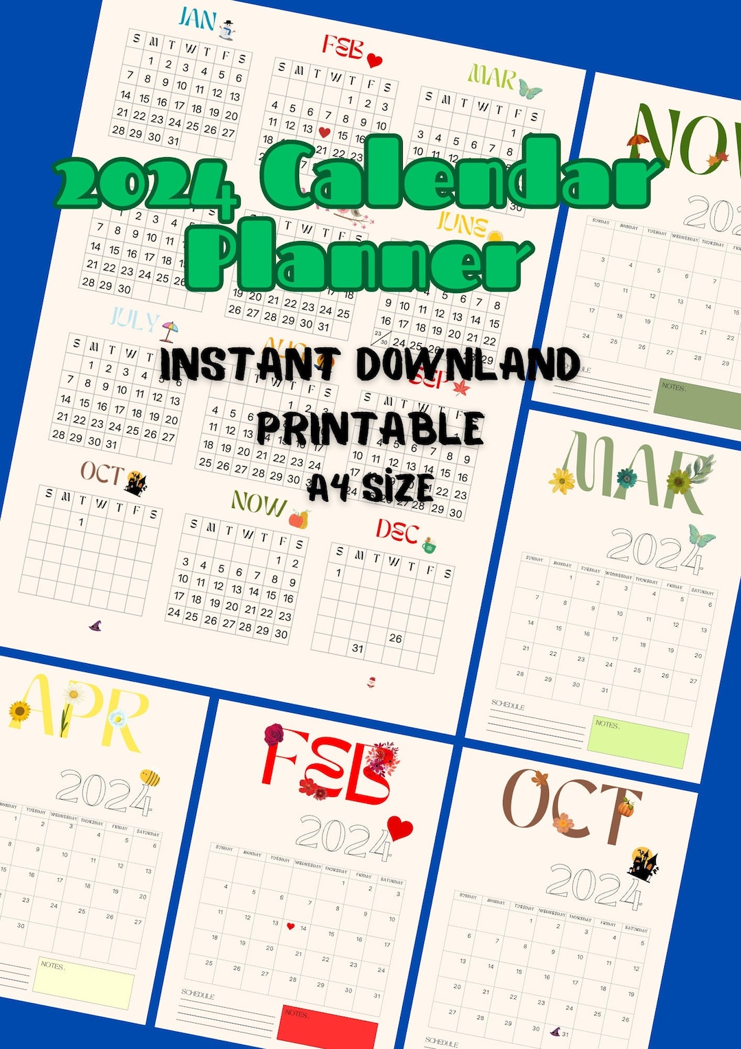 2024 Calendar Printable, A4 Size, Downloadable Calender, Printable ...