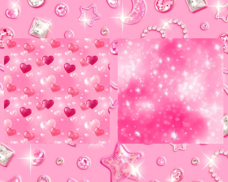 Early 2000s Digital Paper Set, Pink Shiny Papers,y2k Heart Pattern ...