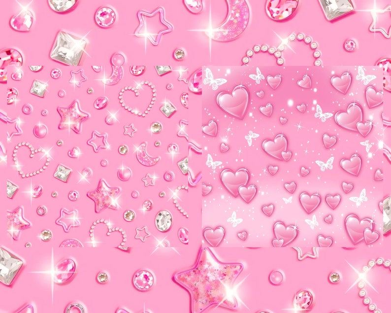 Early 2000s Digital Paper Set, Pink Shiny Papers,y2k Heart Pattern ...