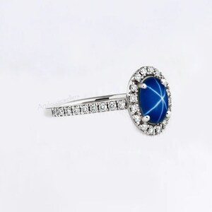 14k Gold Star Sapphire Engagement Ring, Lab Created Blue Star Sapphire ...