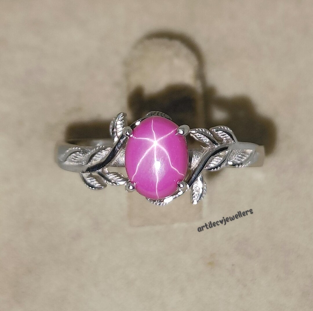 Vintage Pink Lindy Star Sapphire Leaf Ring, 6 Rays Star Gemstone, Star ...