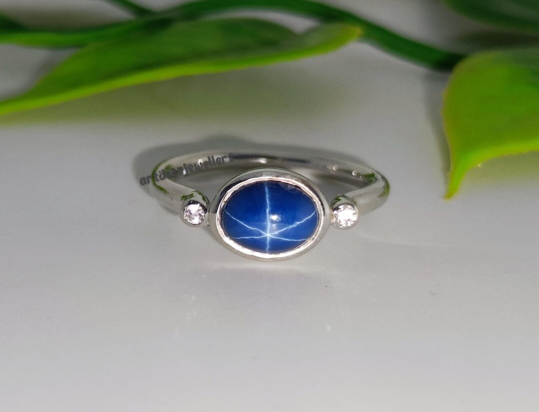 Bezel Set Blue Star Sapphire Ring, Three Stone Ring, 6 Rays Star ...