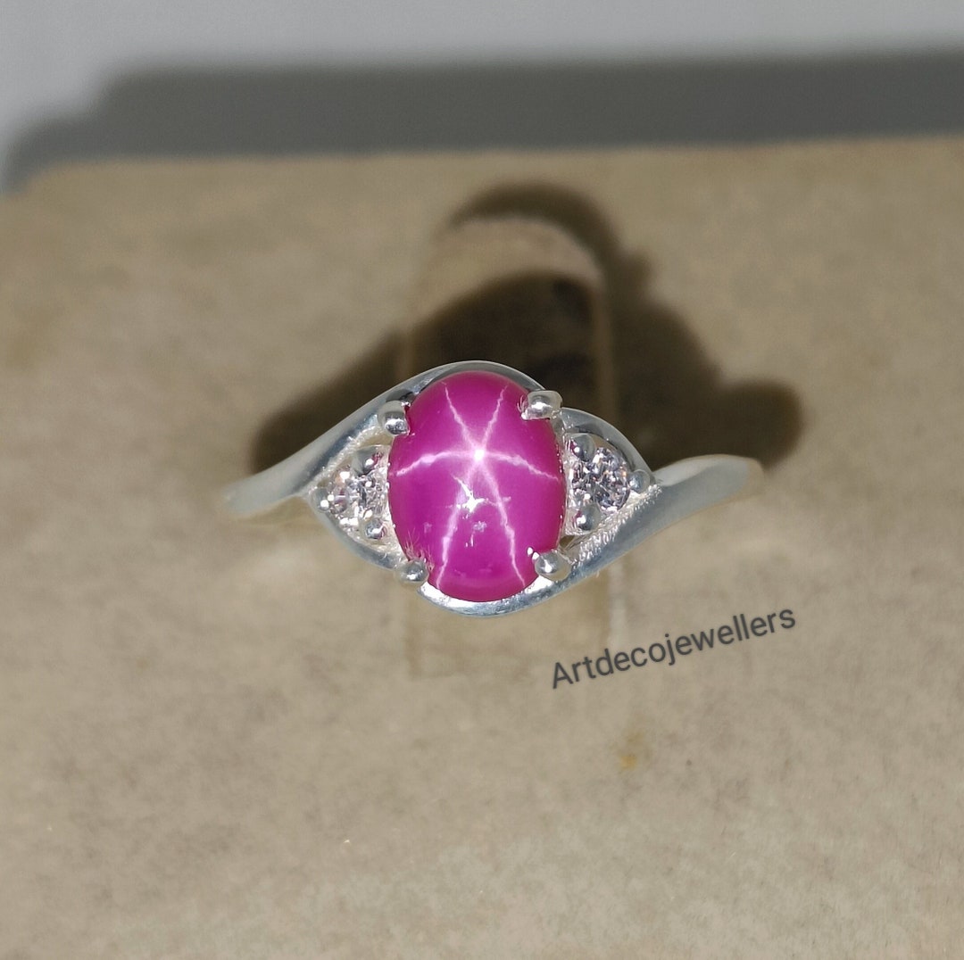 Lindy Star Sapphire Halo Diamond Ring, Pink Star Ring, 925 Sterling ...