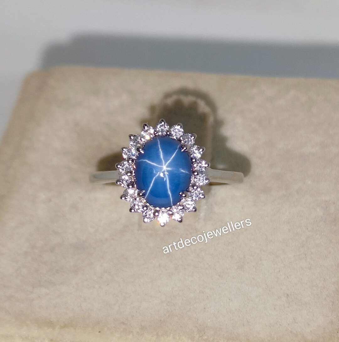 Blue Star Sapphire Halo Ring: Sterling Silver Lindy Star Gemstone - Etsy