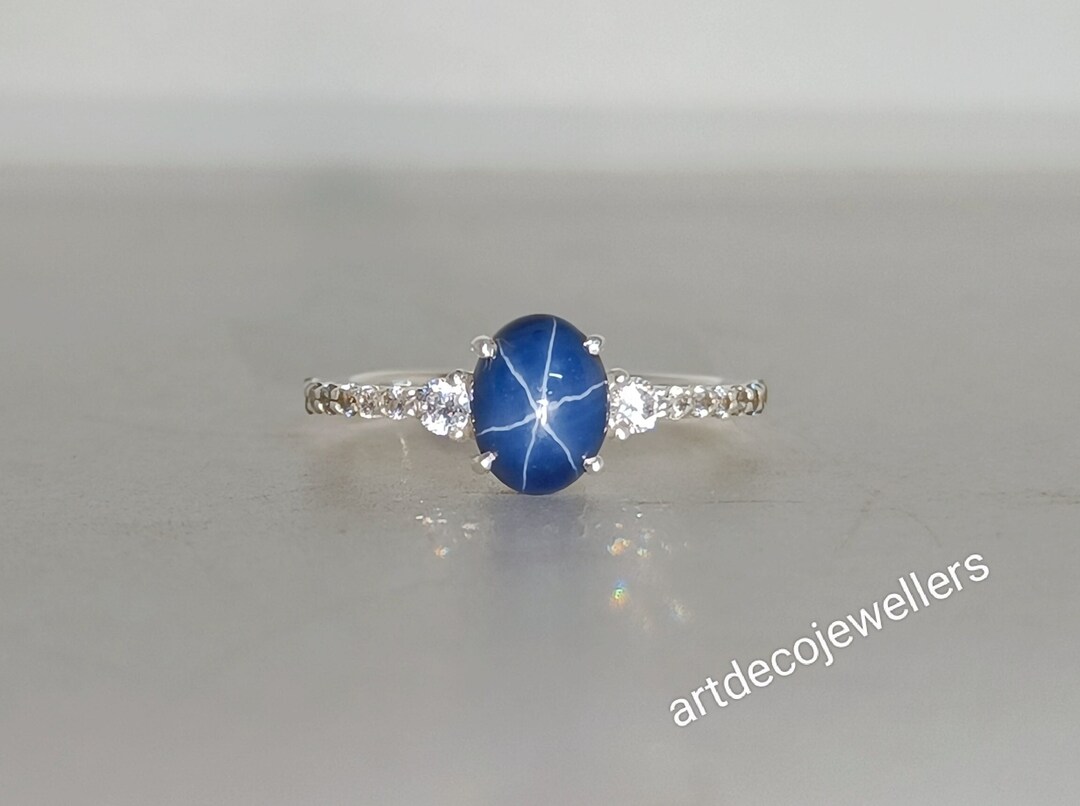 Blue Star Sapphire Ring, Lindy Star Ring, 6 Rays Star Cabochon Gemstone ...