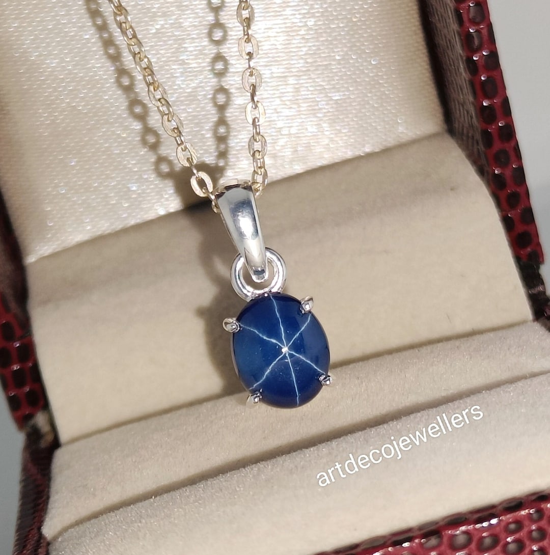 Sterling Silver Blue Star Sapphire Pendant: Oval Cabochon Necklace - Etsy