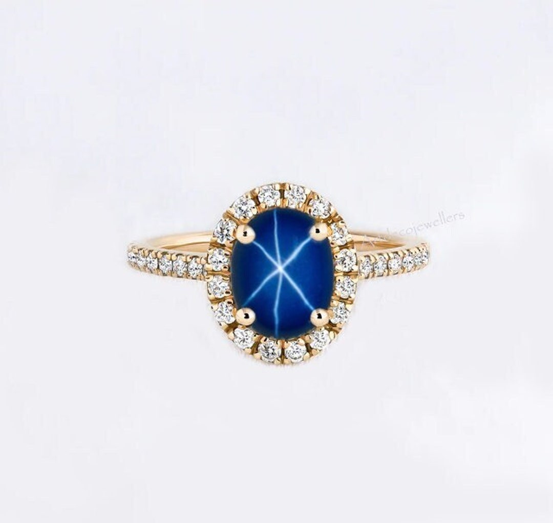 14k Gold Star Sapphire Engagement Ring, Lab Created Blue Star Sapphire ...