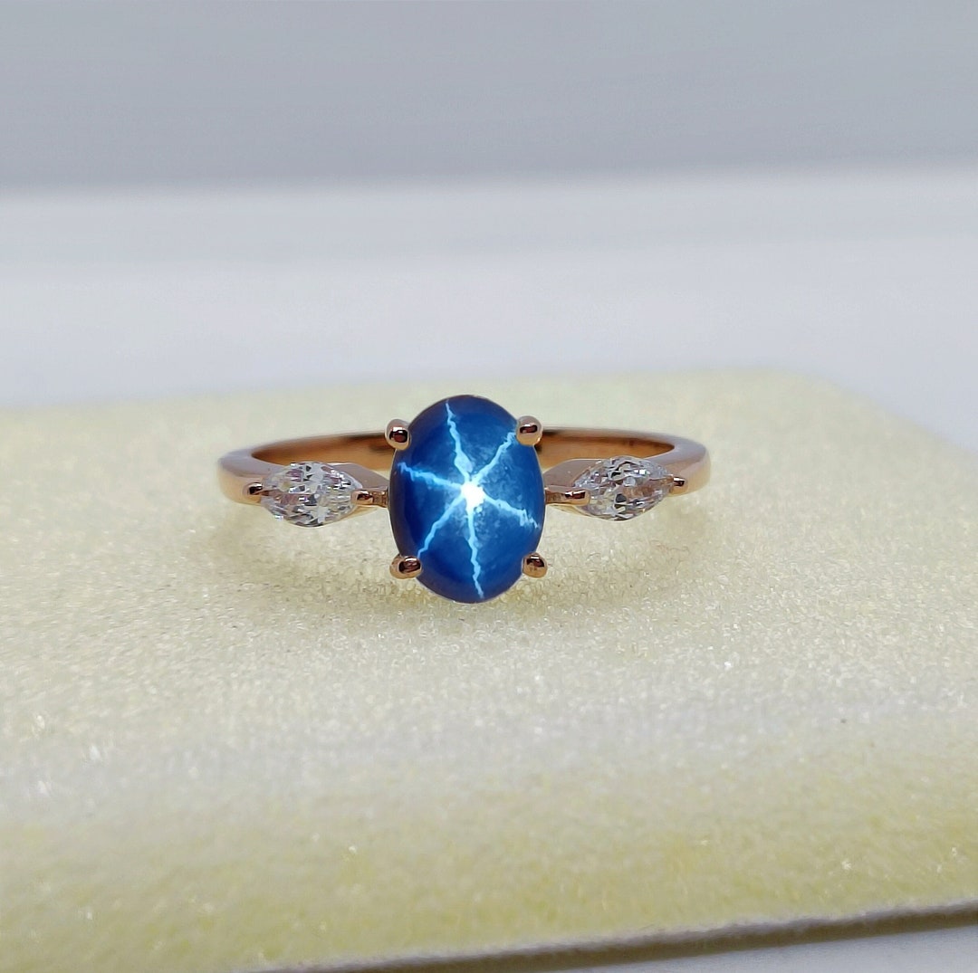 Blue Lindy Star Sapphire Ring, Oval Star Sapphire Ring, 14k Gold Ring, Vintage Star Ring, Three ...