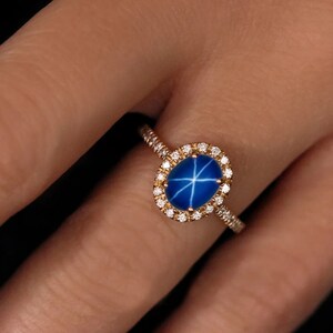 14k Gold Star Sapphire Engagement Ring, Lab Created Blue Star Sapphire ...