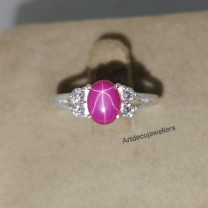 Lab Created Pink Star Sapphire Ring, Star Saffire Ring, Lindy Star Ring, 925 Sterling Silver ...