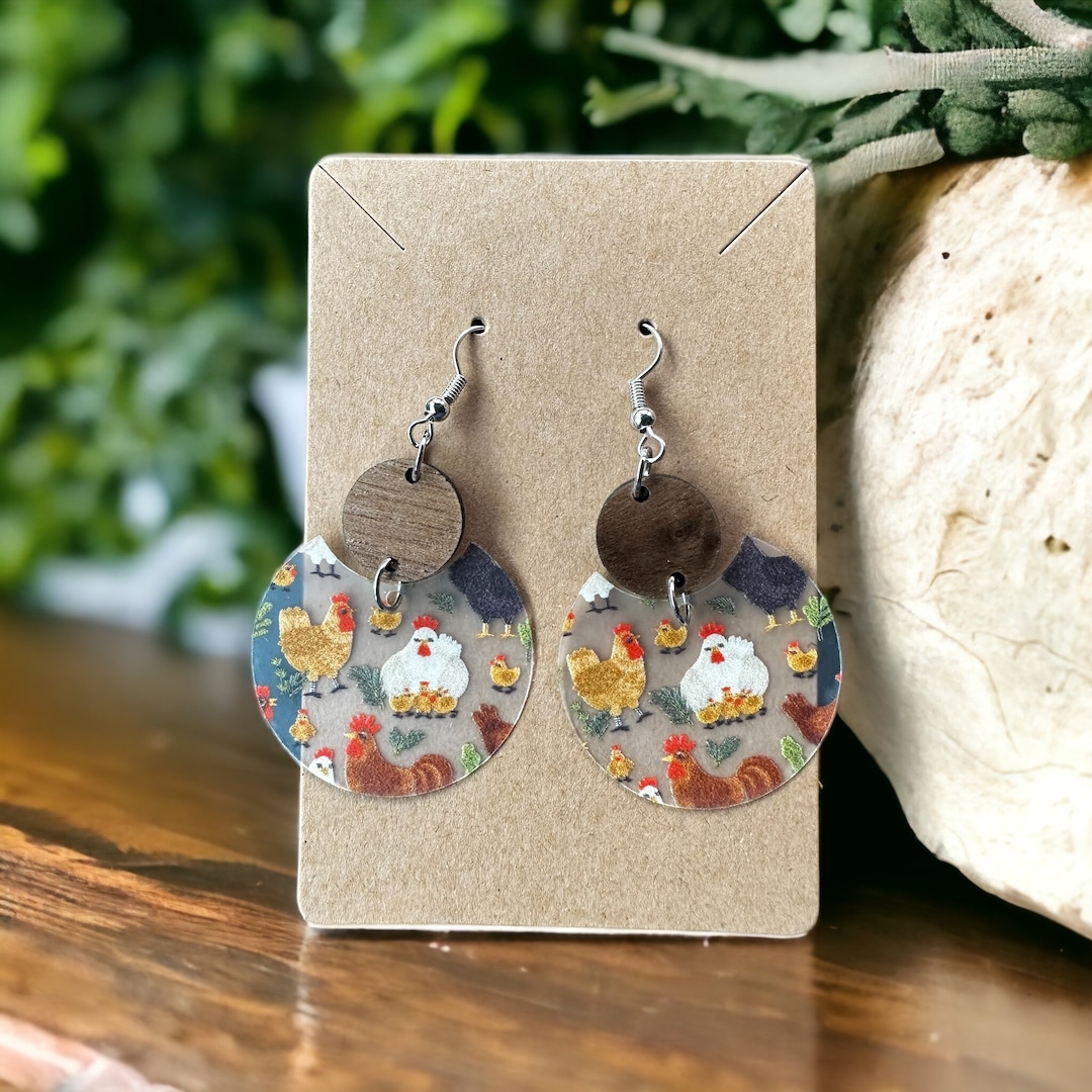 Handmade Wood and Acrylic Chicken Mama Earrings - Etsy