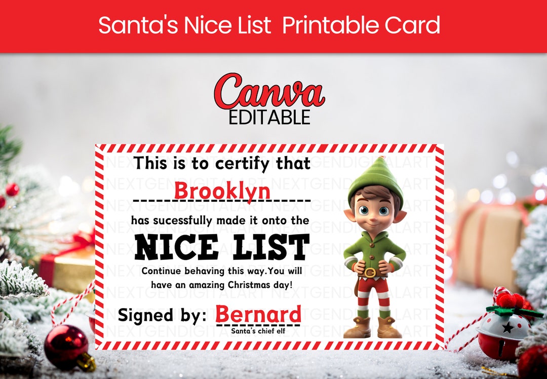 Printable Santa's Nice List Card, Santa's Elf Card, Canva Editable Elf ...