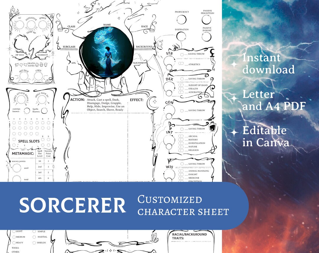 Dnd Sorcerer Character Sheet Etsy Dnd Sorcerer Character Sheet Etsy