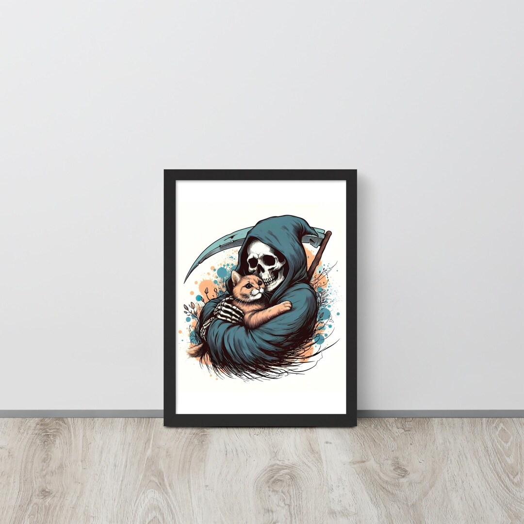 Grim Reaper With Cat Illustration, Dark Whimsical Wall Art, Grim Reaper ...