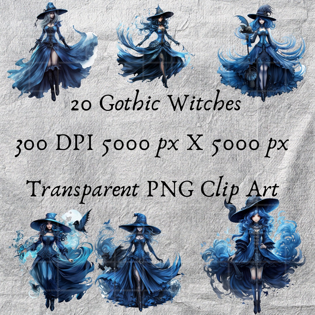 Celestial Sorceress Symphony: Gothic Blue Dress Witches Clipart ...