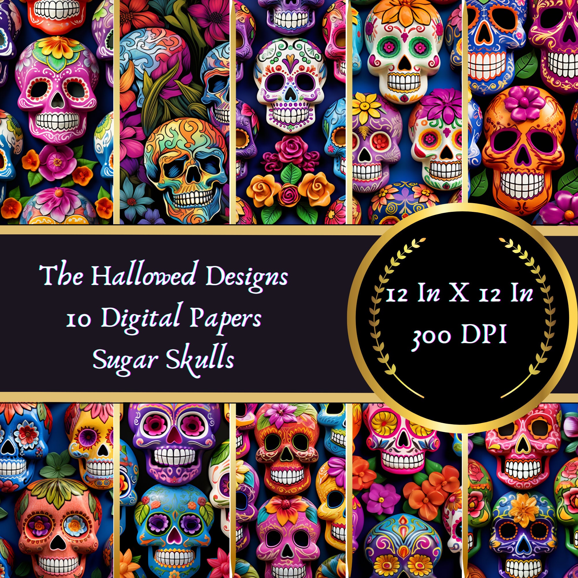 Vibrant Sugar Skull Digital Papers: Unleash the Fiesta Sugar Skull Clip ...