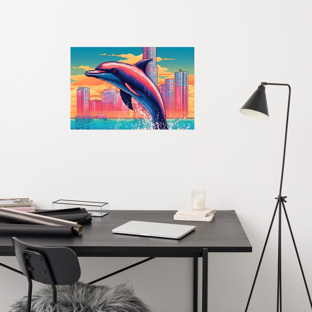 8 Bit Dolphin Design, Cute Animal 8 Bit Style, Home Decor Poster, Room ...