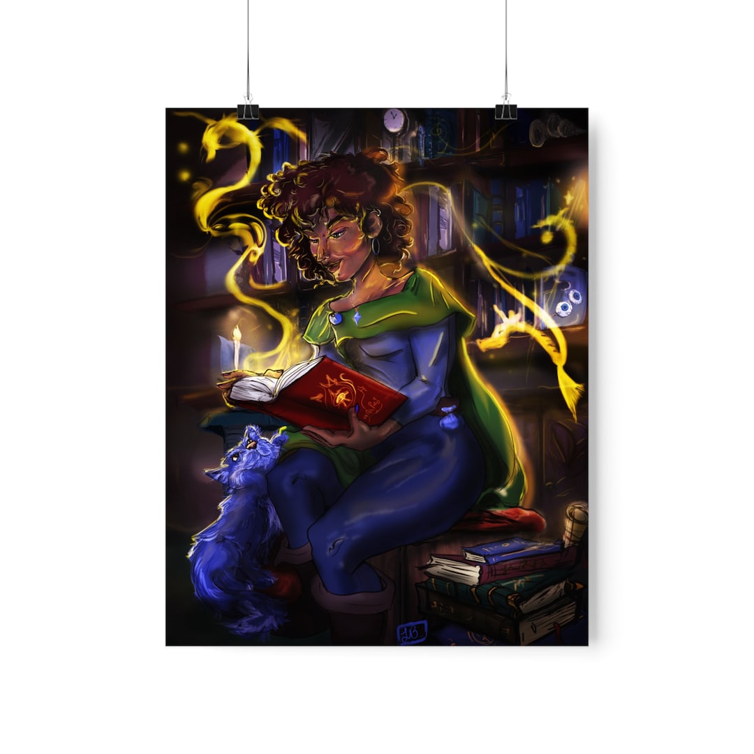 Fantasy Art Mage Librarian Magic Woman Black Cat Premium Matte - Etsy
