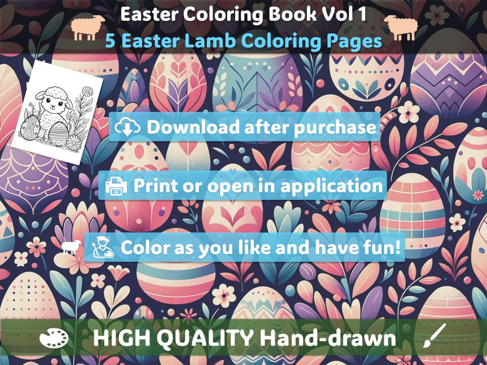 Cute Lamb Easter Coloring Pages, 5 High Quality Detailed Hand Drawn ...