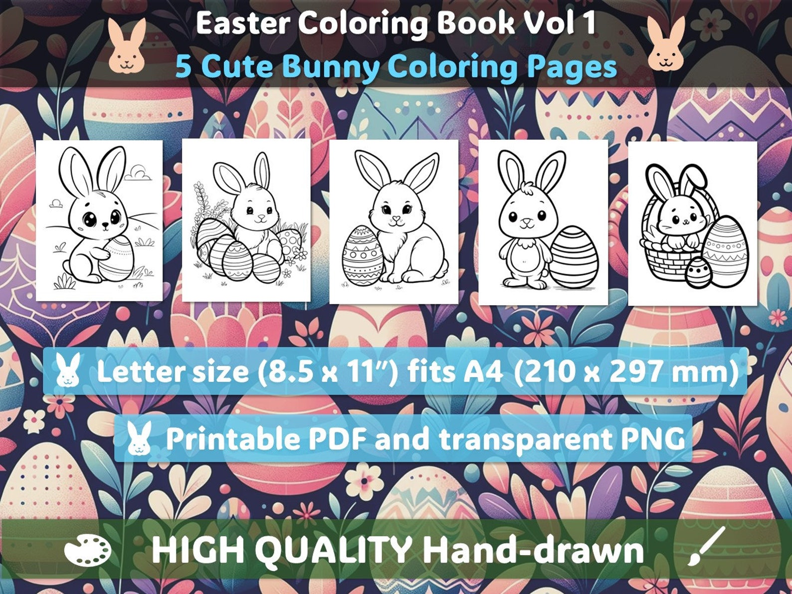 Cute Bunny Easter Coloring Pages for Kids | 5 High Quality Hand Drawn ...