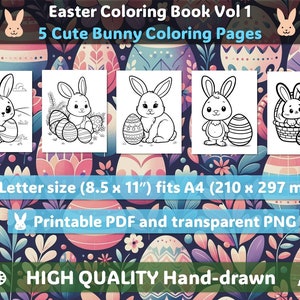 Cute Bunny Easter Coloring Pages for Kids | 5 High Quality Hand Drawn ...