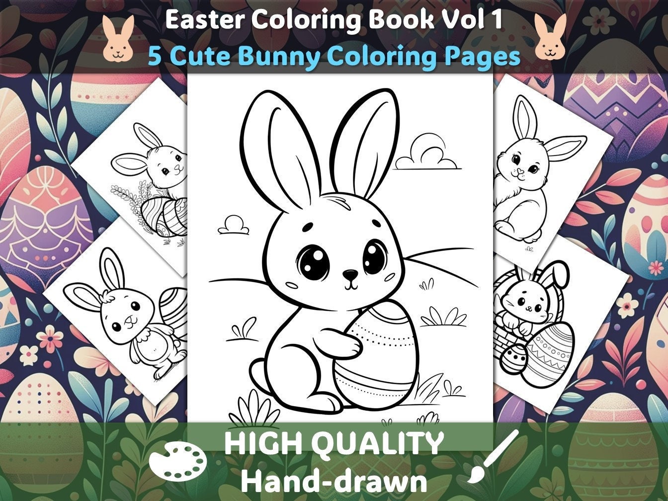 Cute Bunny Easter Coloring Pages for Kids | 5 High Quality Hand Drawn ...