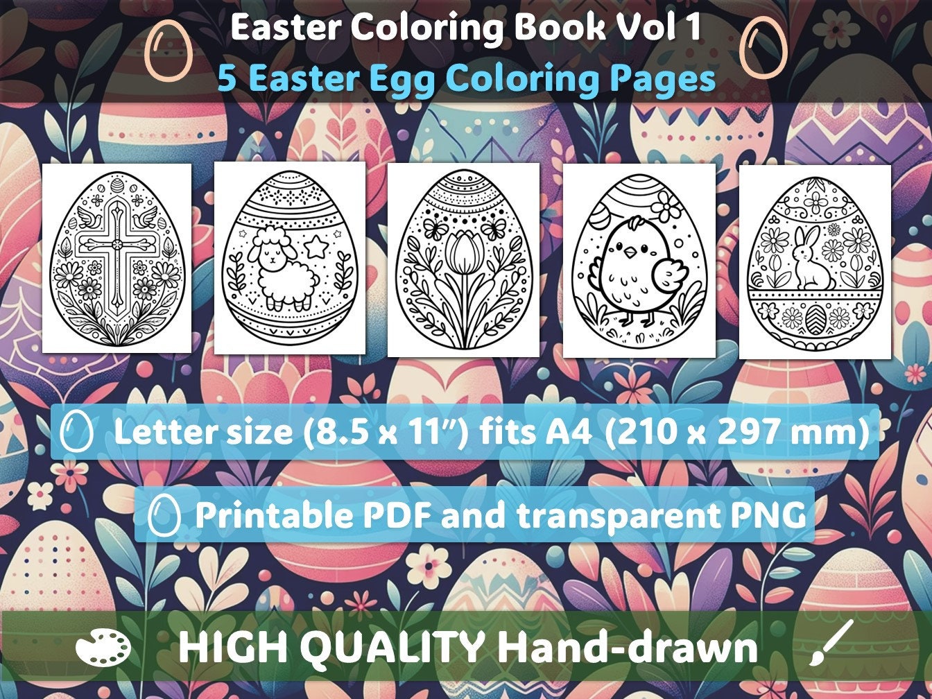 Easter Egg Coloring Pages for Kids, 5 High Quality Detailed Hand-drawn ...
