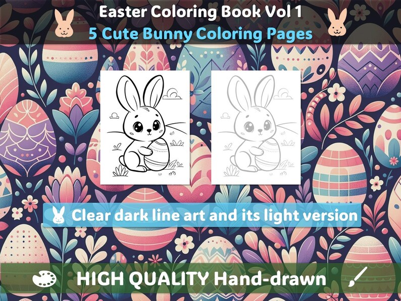 Cute Bunny Easter Coloring Pages for Kids | 5 High Quality Hand Drawn ...