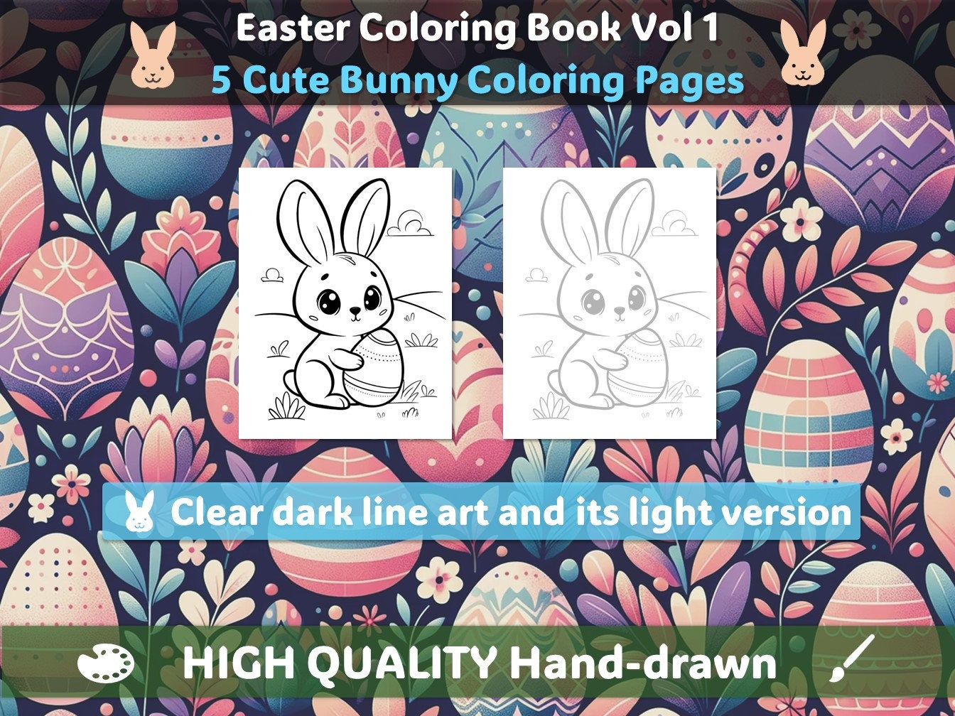 Cute Bunny Easter Coloring Pages for Kids 5 High Quality Hand Drawn ...