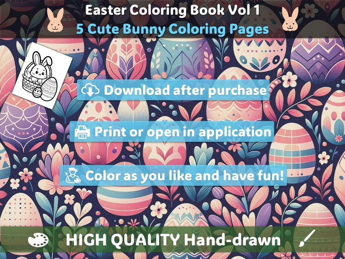Cute Bunny Easter Coloring Pages for Kids | 5 High Quality Hand Drawn ...