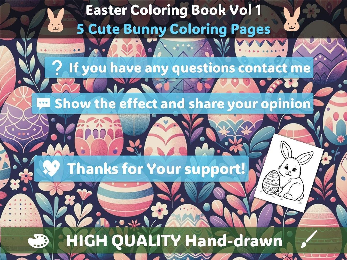 Cute Bunny Easter Coloring Pages for Kids 5 High Quality Hand Drawn ...