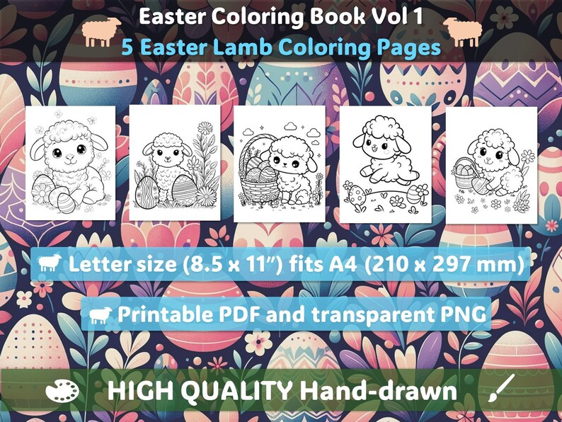 Cute Lamb Easter Coloring Pages, 5 High Quality Detailed Hand Drawn ...